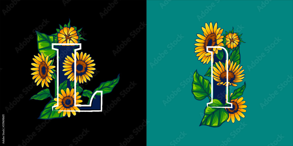Summer Themed Letter L Illustration with Sunflower Hand Drawn Stock ...