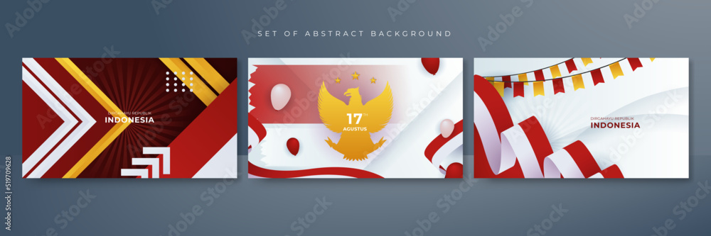 Set of Happy Indonesia Independence day with red white flag and ...