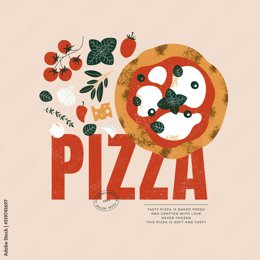 Italian pizza design template. Pizza Margherita with tomatoes and ...