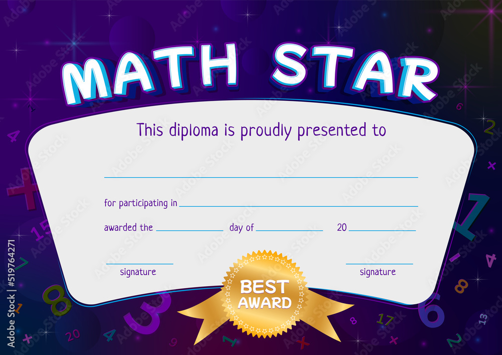 Kids diploma. Certificate of achievement in math. School diploma design ...