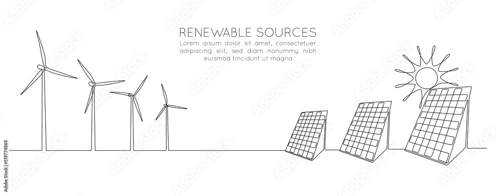 One continuous line drawing of wind turbine and Solar panel with sun ...