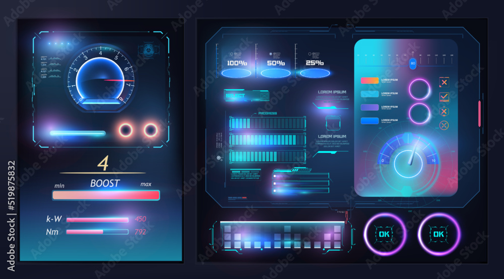 HUD, UI, GUI Futuristic User Interface. Dashboard, Scanning System infographic elements like ...