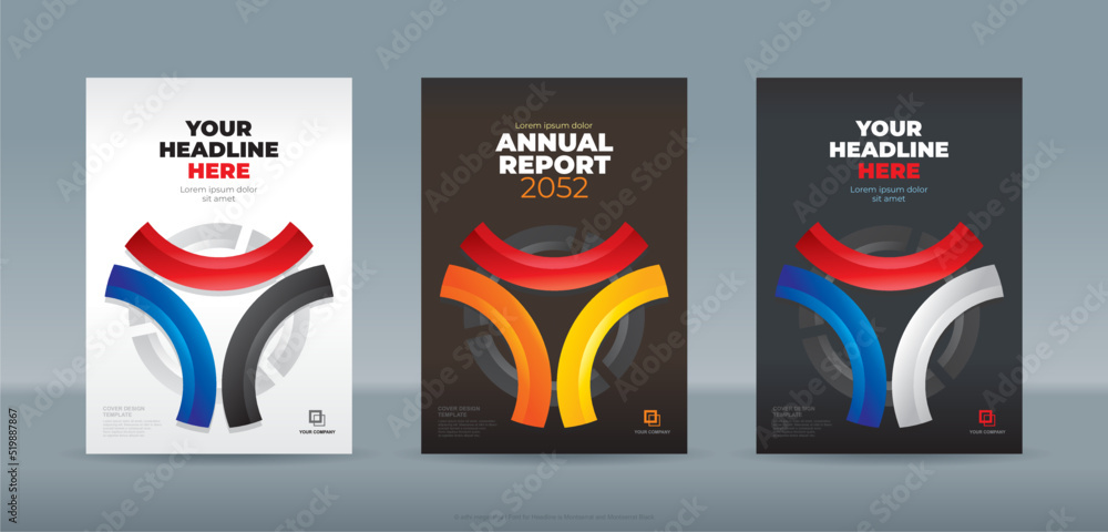 Modern simple 3 color curve A4 size book cover template for annual ...
