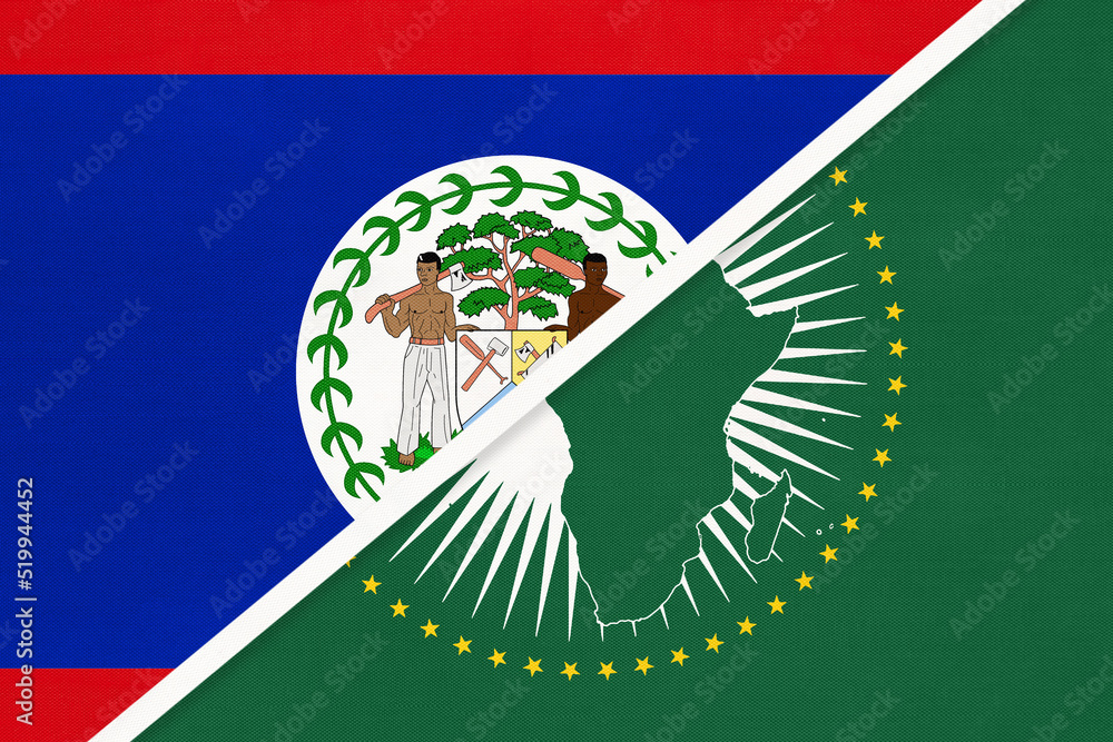 African Union and Belize, national flag from textile. Africa continent ...