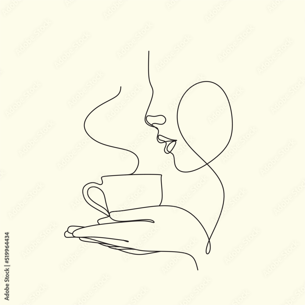 Continuous one line drawing. Woman relaxing with cup of tea. Vector ...