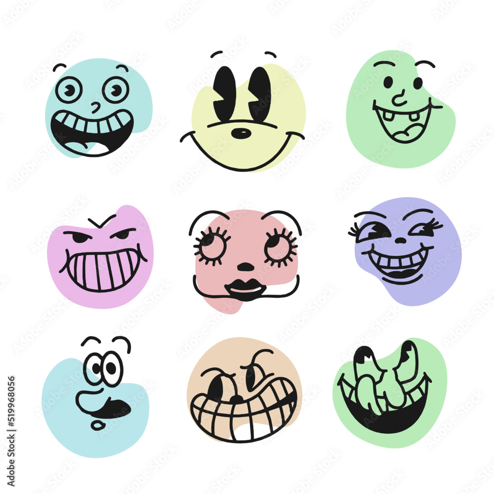 Vector de Stock Smiley face retro emoji. Faces of cartoon characters ...