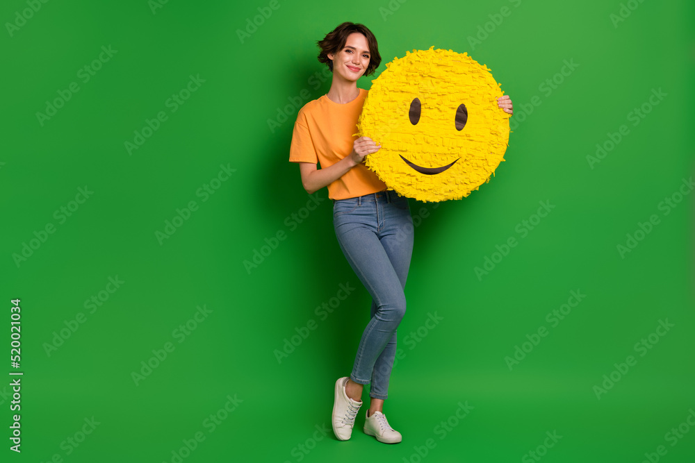 Full body portrait of pretty positive lady arms hold large smile ...