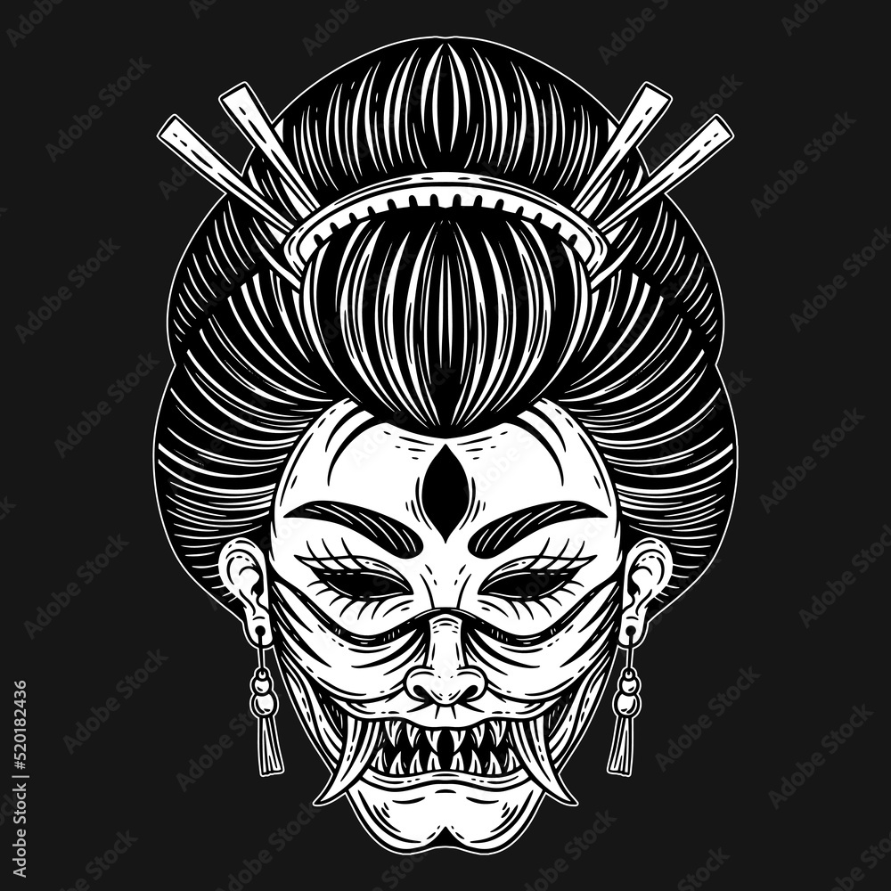 Dark Art Horror Japanese Geisha Girl With Devil Mask Face Tattoo Hand ...