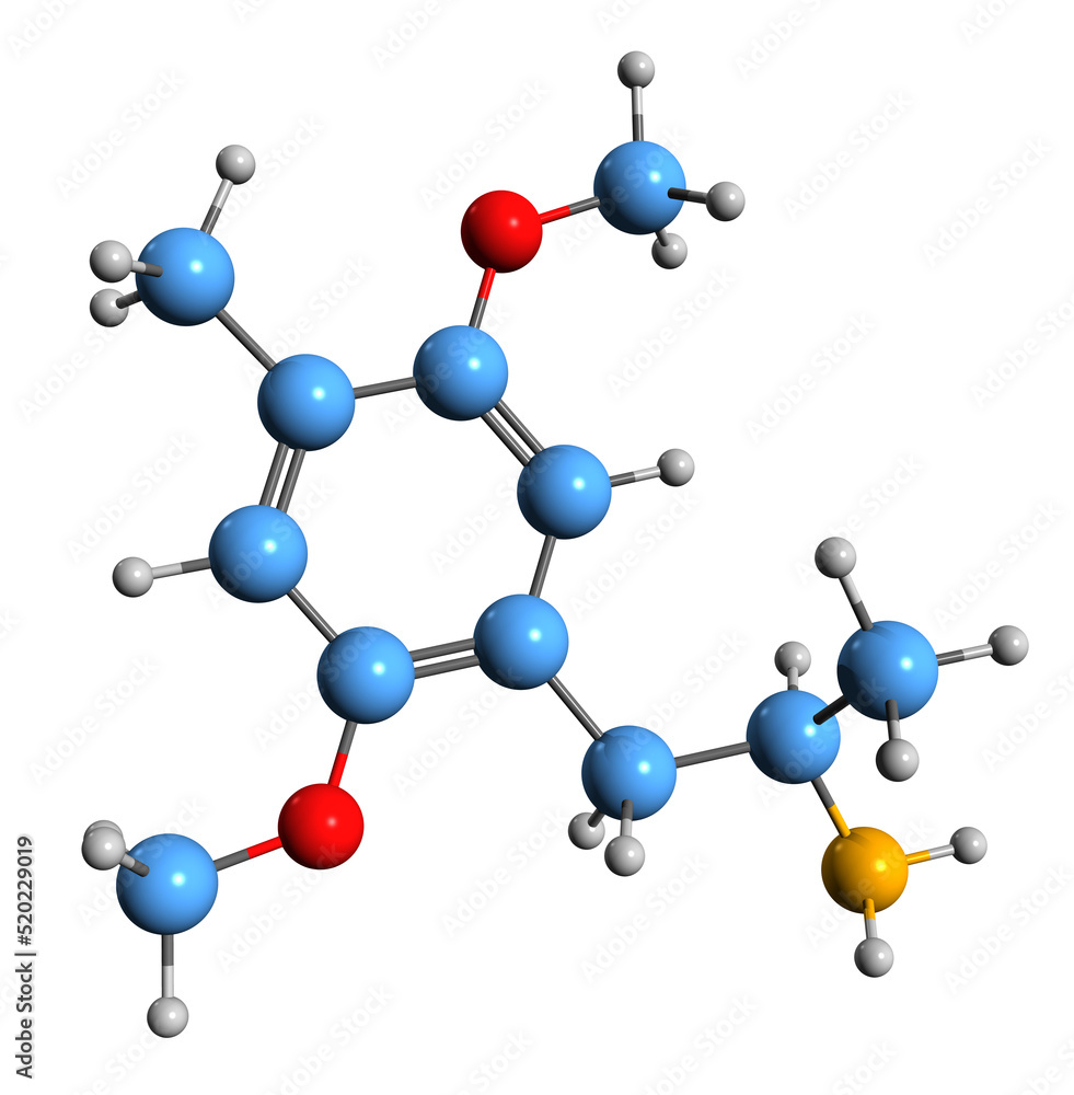 3D image of DOM skeletal formula - molecular chemical structure of substituted amphetamine ...