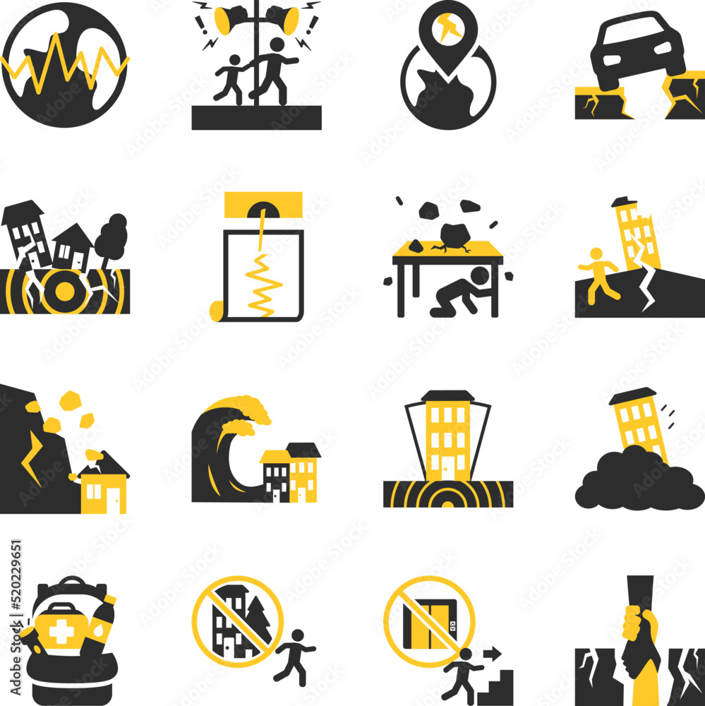 เวกเตอร์ Stock Earthquake icon set. Disaster, evacuation, emergencies ...