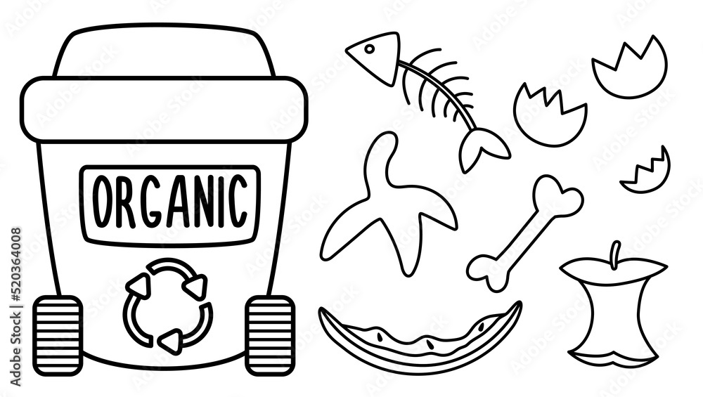 Black and white rubbish bin for organic waste with different garbage ...