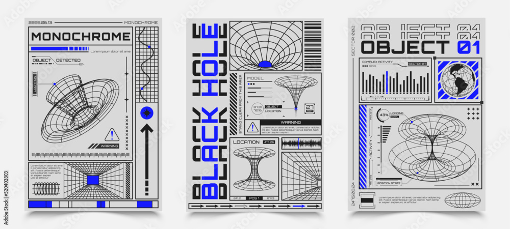 Posters with HUD elements, perspective grid, futuristic design elements ...