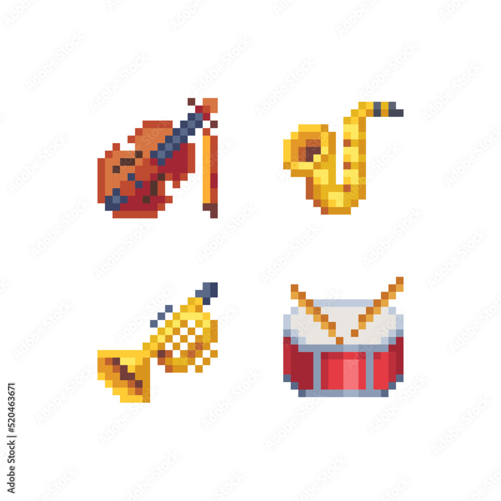 Image vectorielle Stock Musical instrument pixel art web icons set. Trumpet, drum, violin and ...