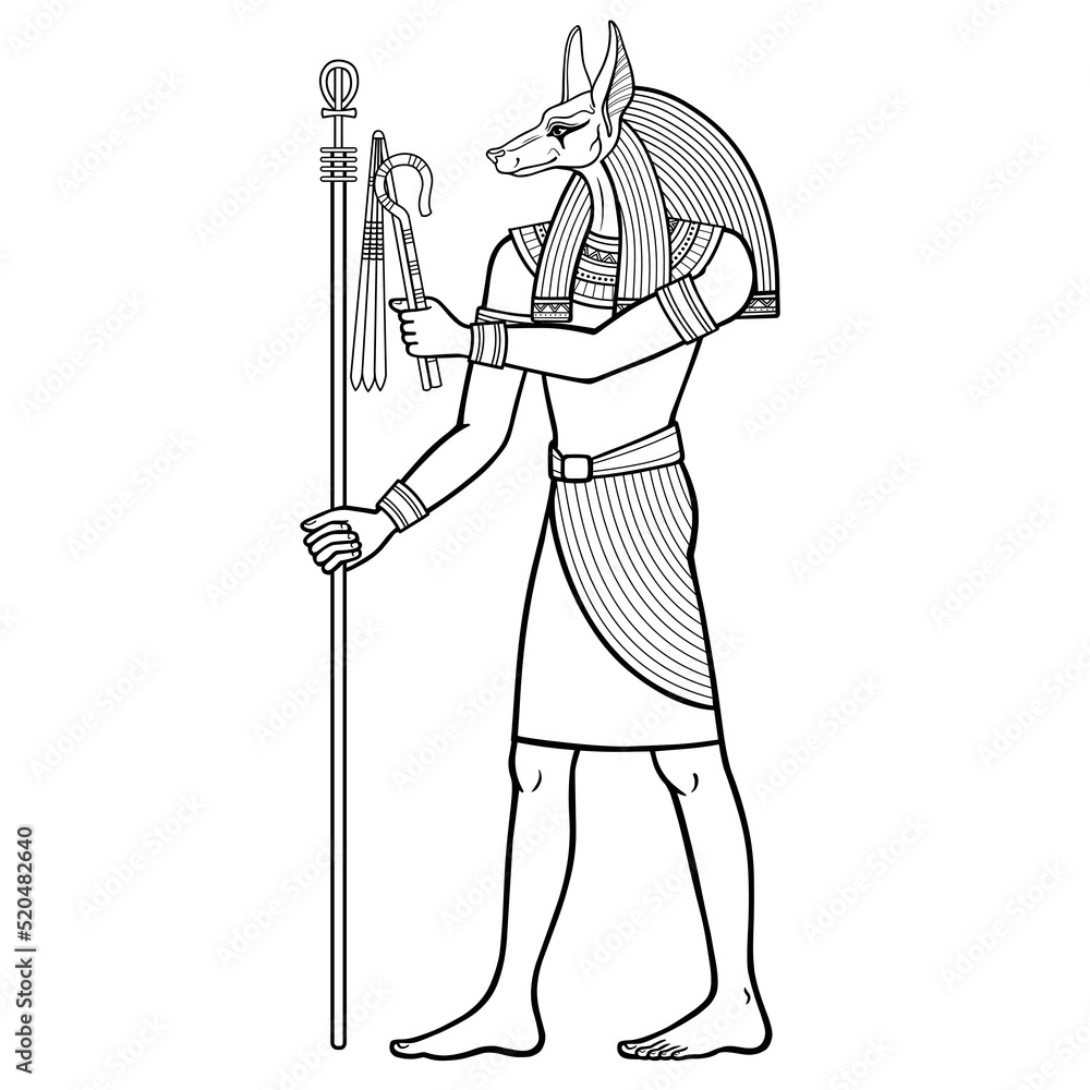 Animation portrait: Ancient Egyptian god Anubis holds symbols of the ...