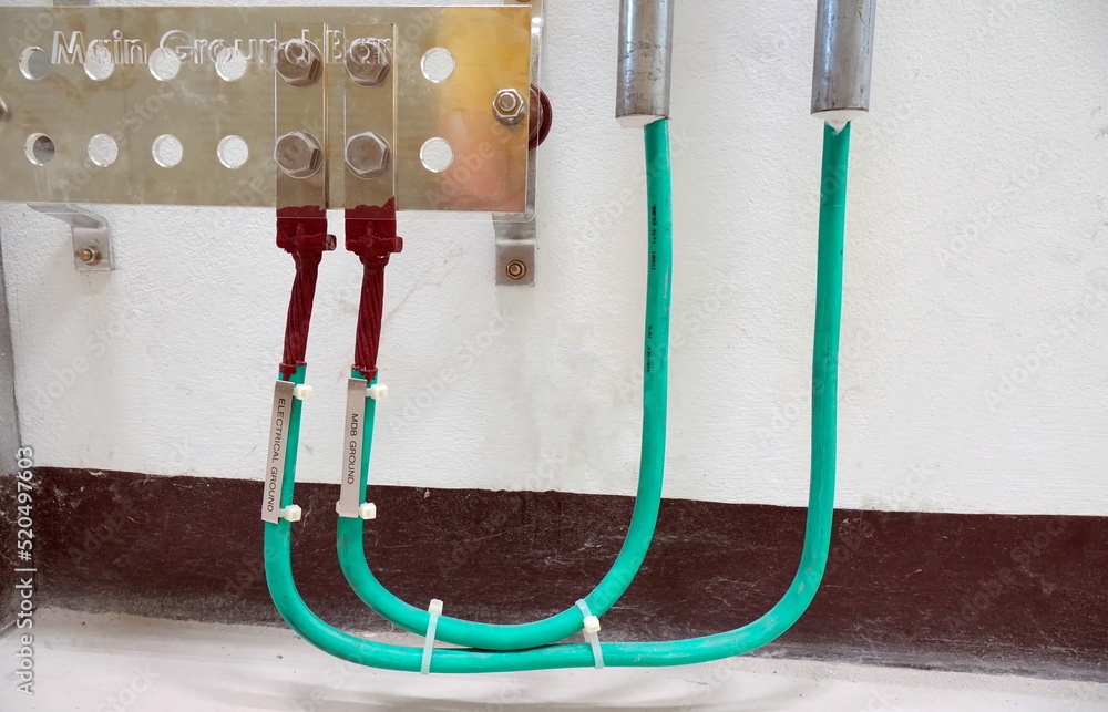 Grounding electric bar, cables connected to copper busbar ground. Stock ...