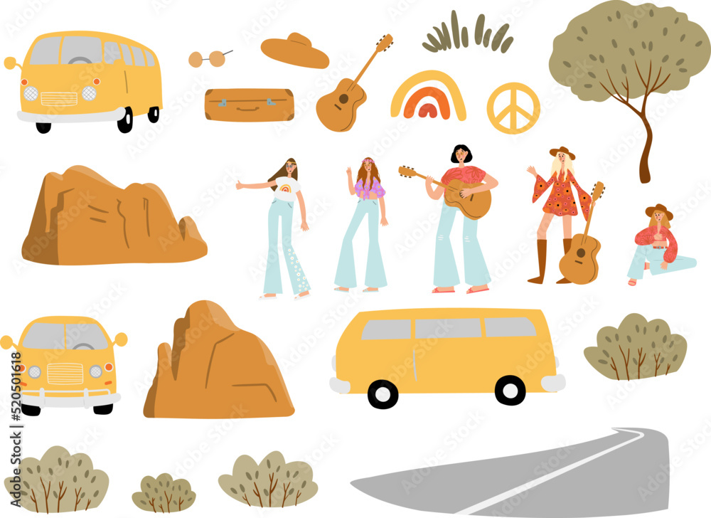 groovy hippie clipart, retro 70s hippy bus van clip art, road trip ...