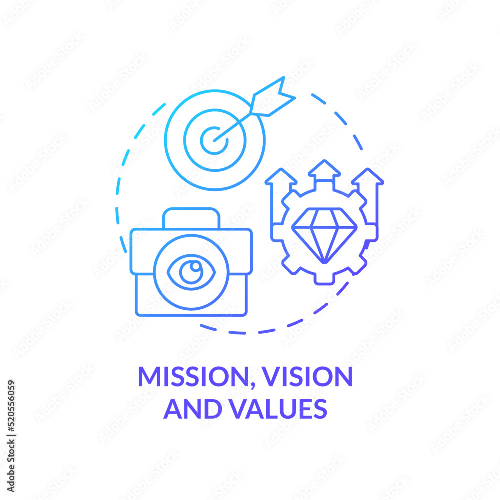 Mission, vision and values blue gradient concept icon. Factor that ...
