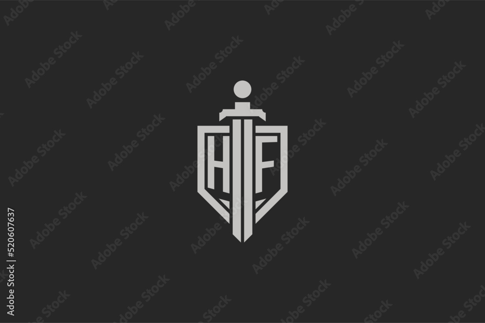 Letter HF logo with shield and sword icon design in geometric style ...