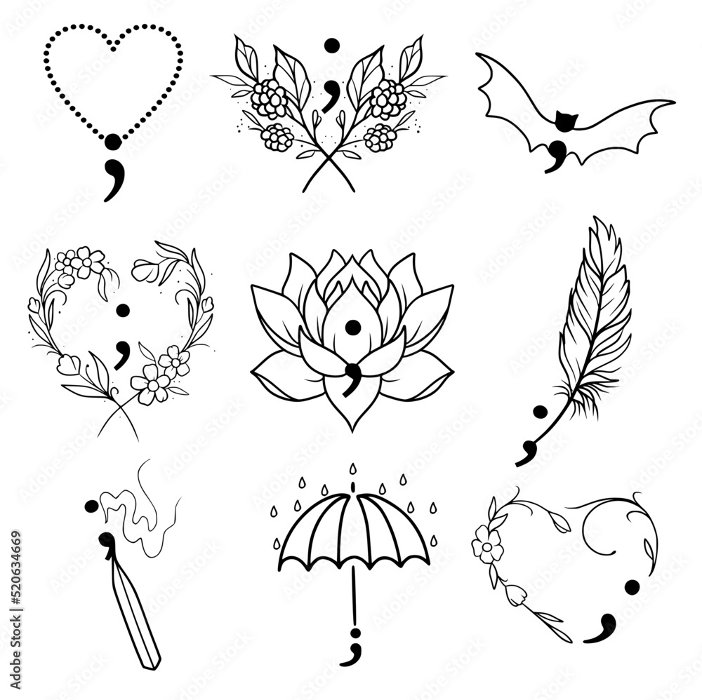 Semi-colon mental health icons black and white outline vector SVG Stock ...