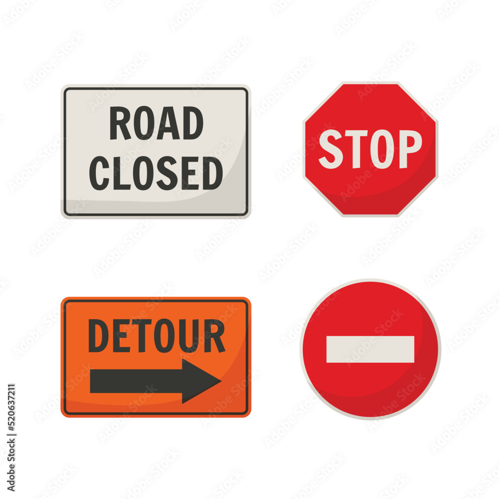 Warning road signs, closed road, detour and stop sign - flat vector ...