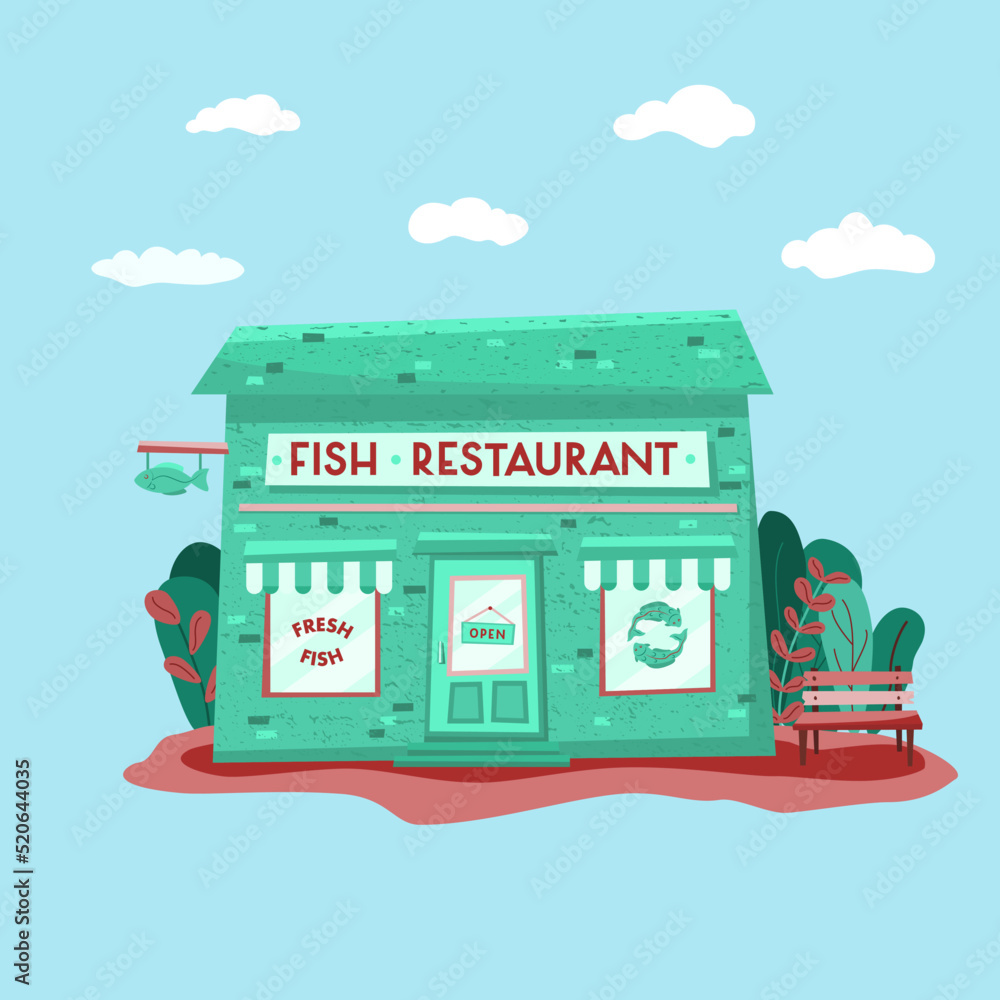 Handdrawn vector illustration with Fish Restaurant building with ...