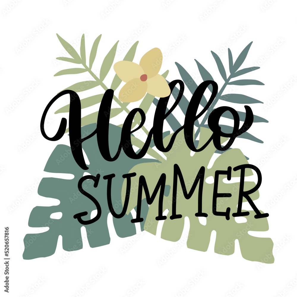 Hello summer quote. Summer beach clipart with palm leaves. Cartoon hand ...
