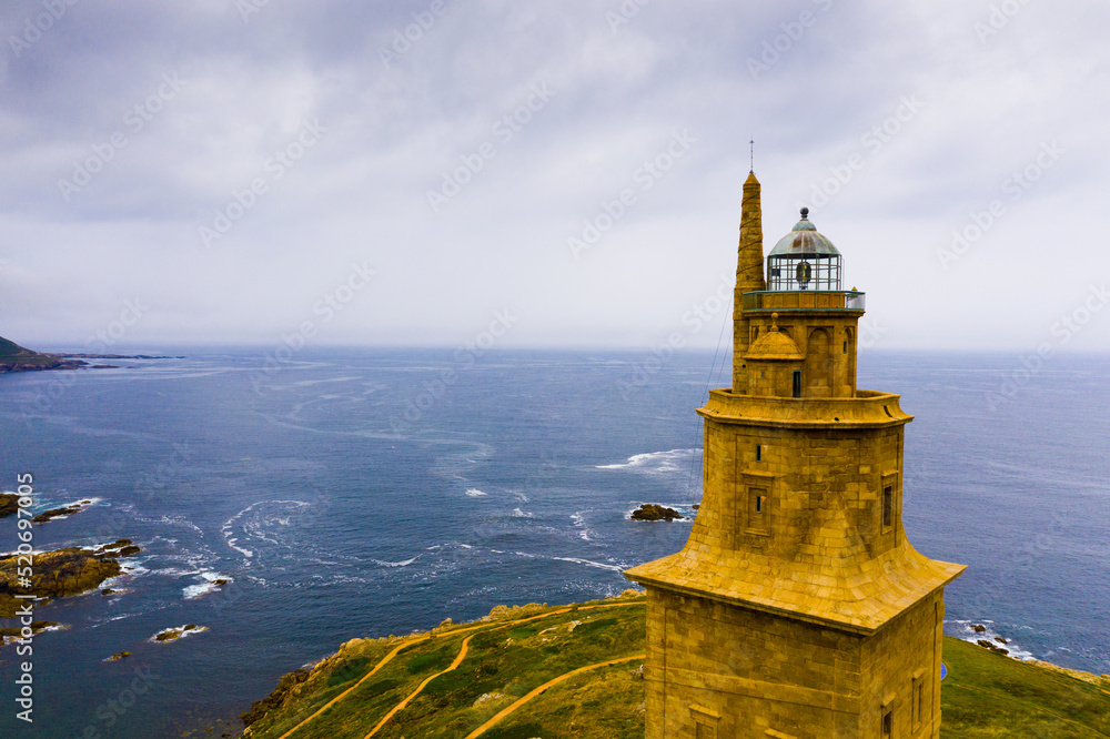 Aerial view of oldest Roman lighthouse in use today, La Coruna, Spain ...