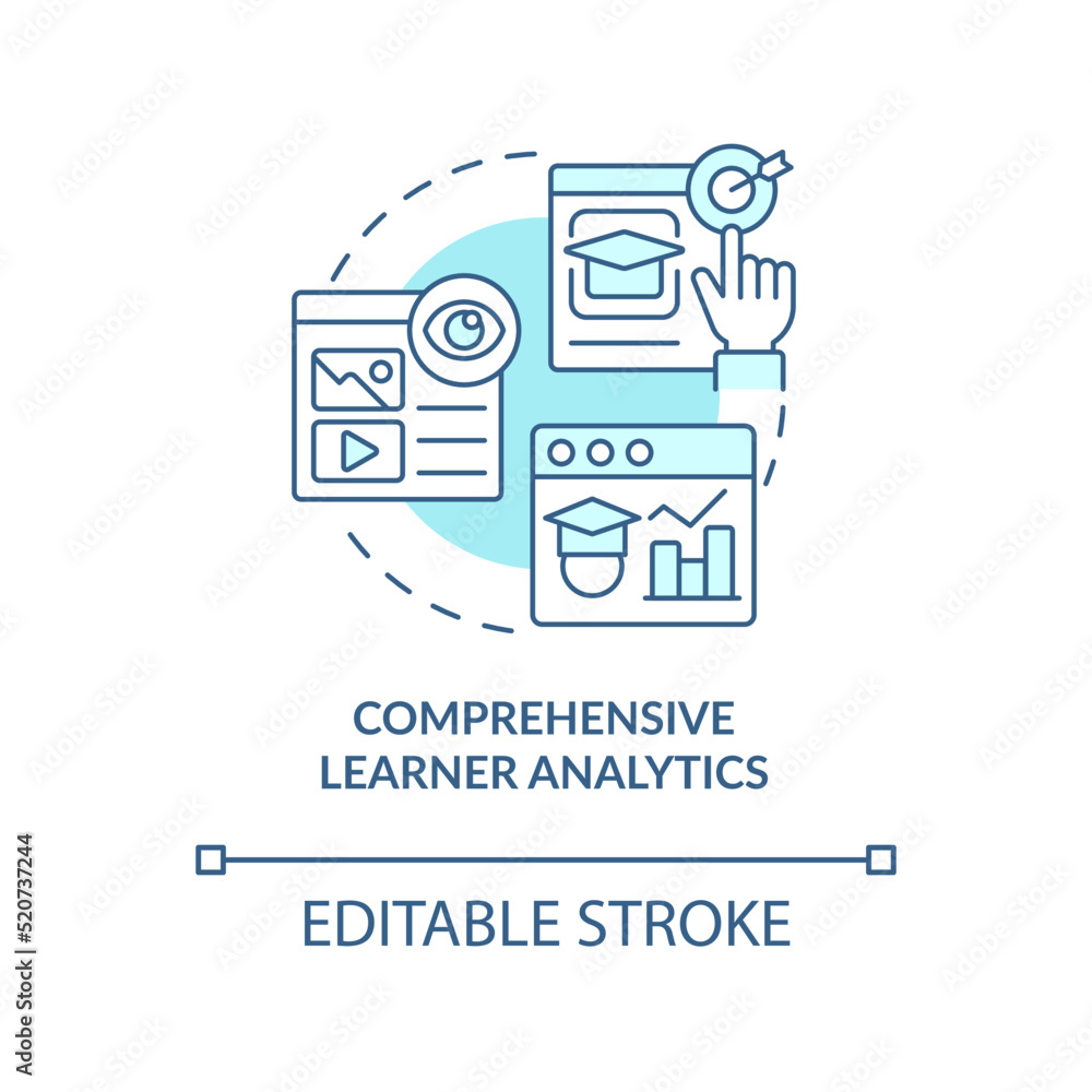 Comprehensive learner analytics turquoise concept icon. Learning ...