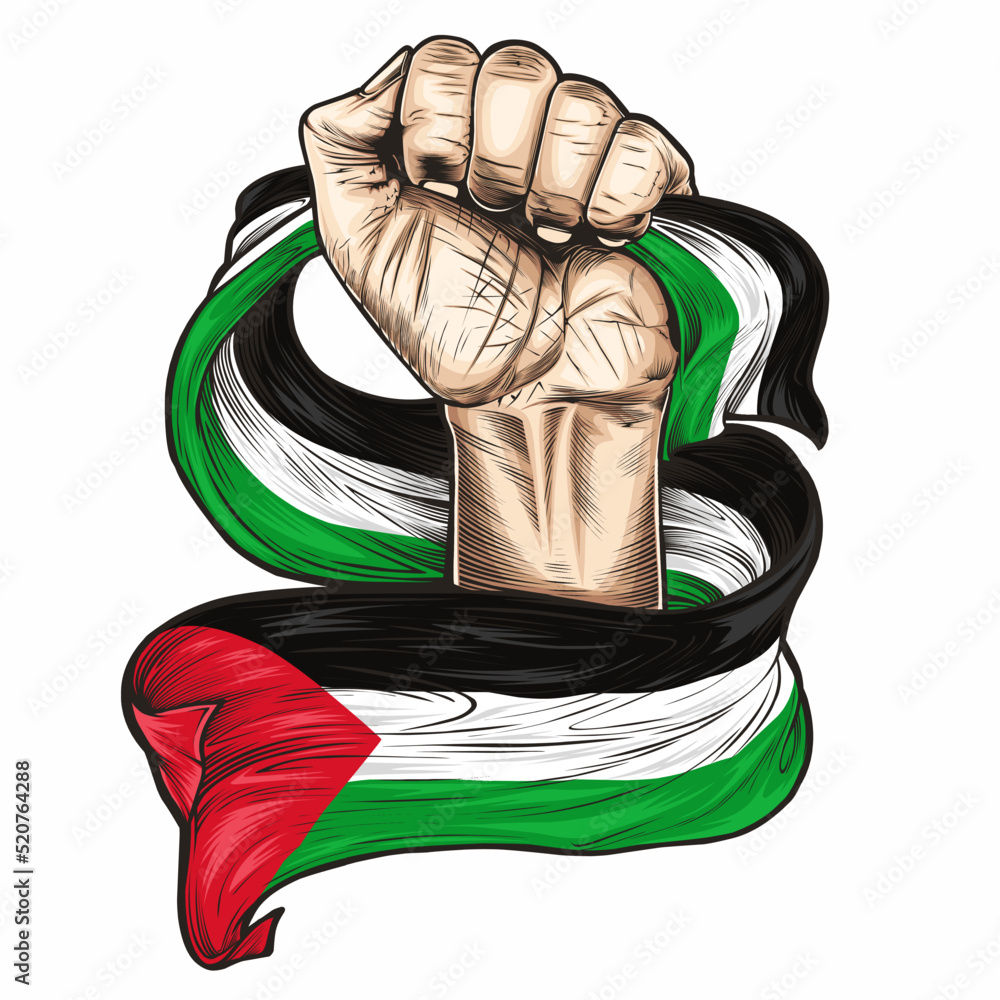 Vector de Stock Vector illustration on the theme freedom Palestine. Hands with national flags of ...