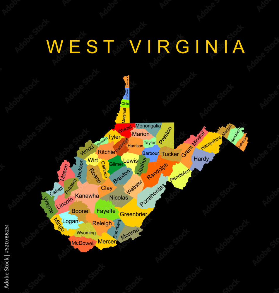 West Virginia vector map silhouette illustration isolated on black ...