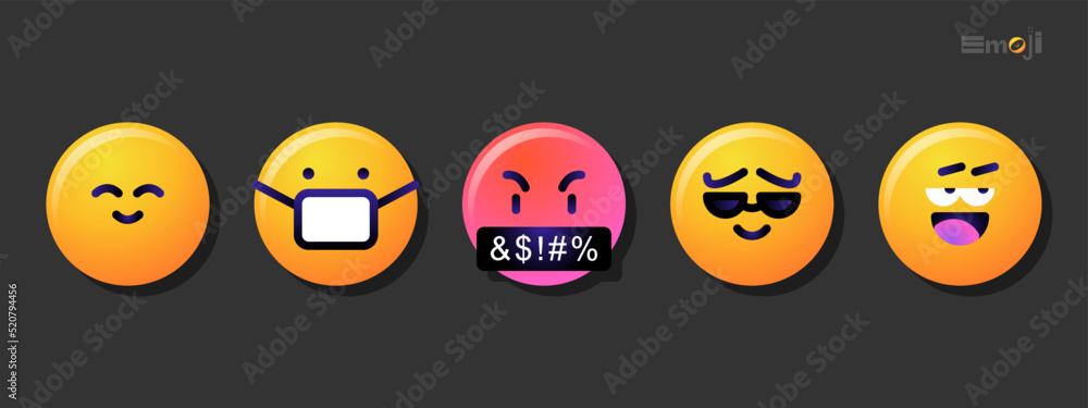 Round emoticons set. Yellow Emoji faces emoticon smile, digital smiley ...