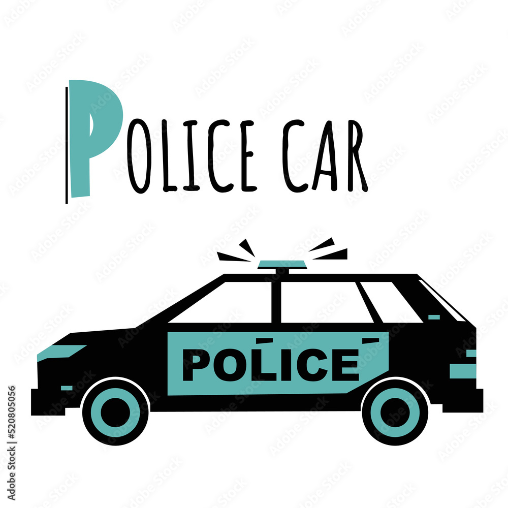 Letter P and Police car. Children ABC poster with transport. Police car ...