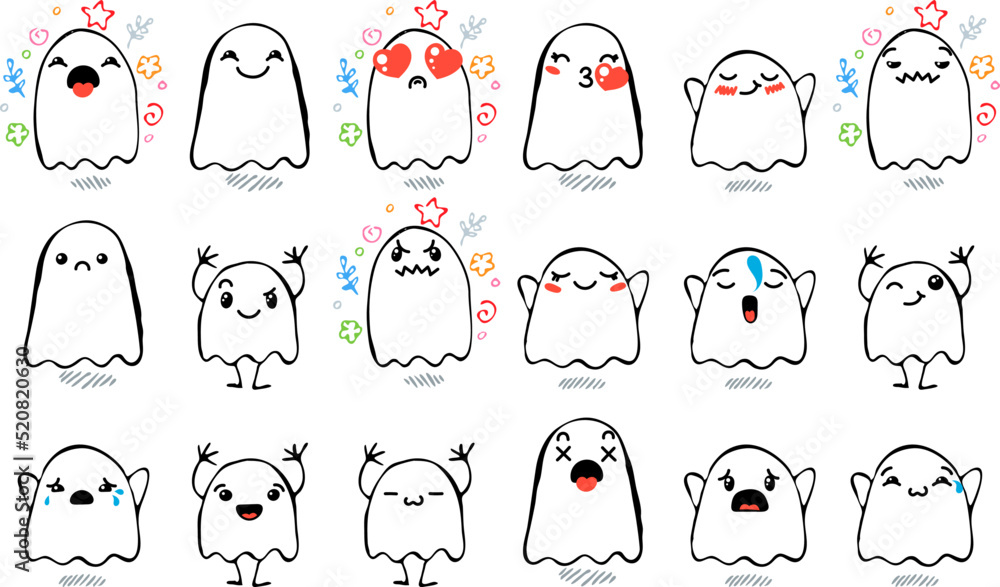 Vector de Stock Set of Various Cartoon Ghosts with Emoticons. Doodle ...