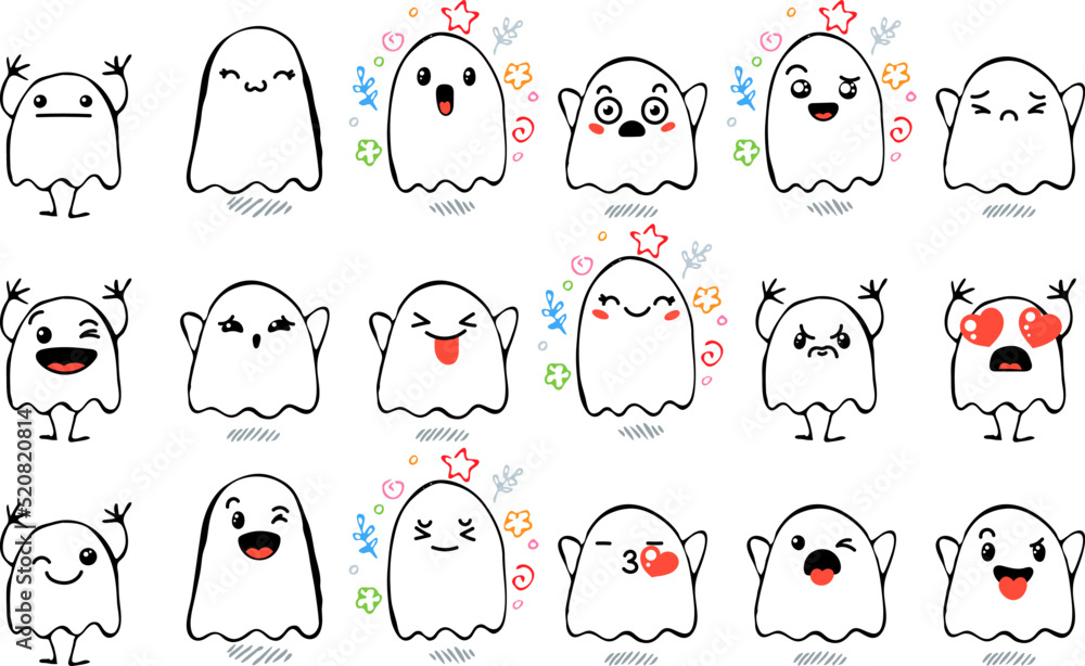 Set of Various Cartoon Ghosts with Emoticons. Doodle ghouls, eyes and ...