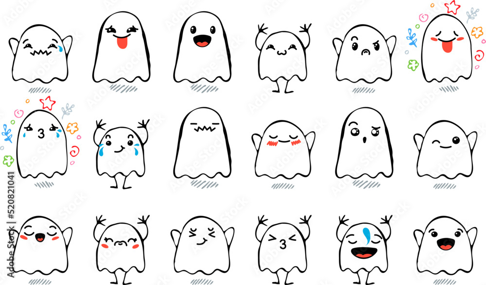 Set of Various Cartoon Ghosts with Emoticons. Doodle ghouls, eyes and ...