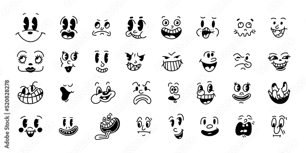 Smiley face retro emoji. Faces of cartoon characters from the 30s ...