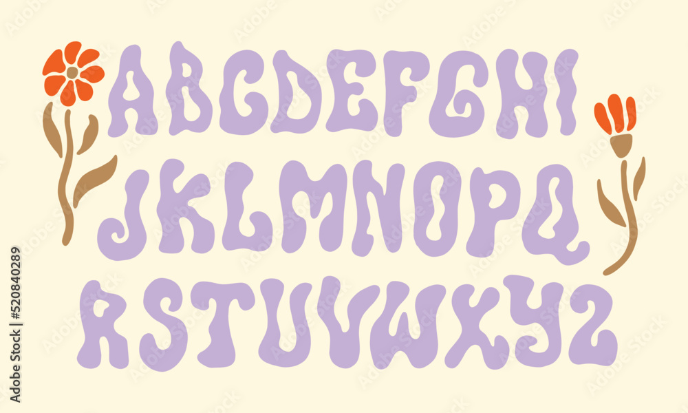 Hippie bohemian groovy postmodern funky font alphabet 1960s boho ...