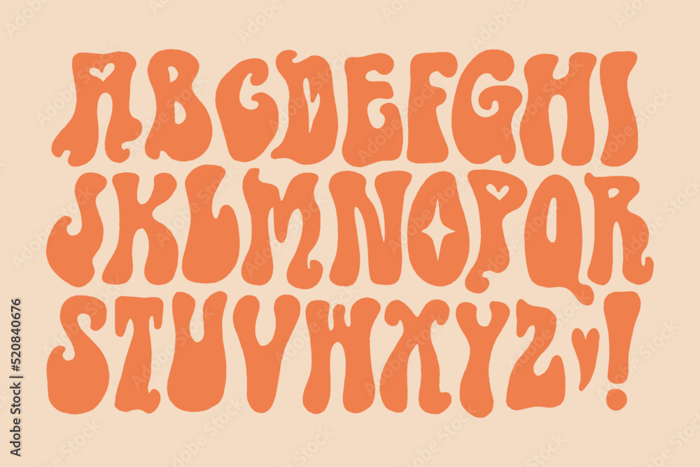 Hippie bohemian groovy postmodern funky font alphabet 1960s boho ...