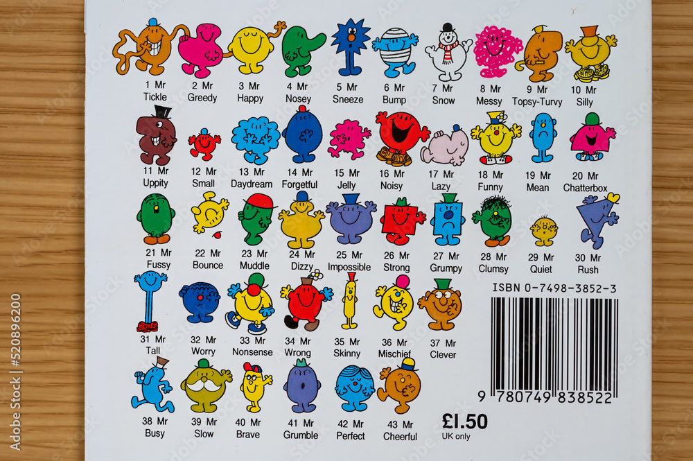 Rear cover of a Mr Men series book showing all the different Mr Men ...