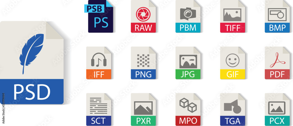 Photoshop file format collection. PSD, PSB, RAW, PBM, TIFF, BMP, IFF, PNG, JPG, GIF, PDF, SCT ...