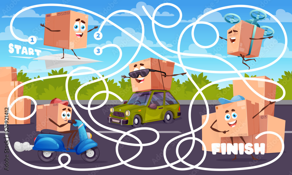 Labyrinth maze. Cartoon package box characters. Help to find fastest ...
