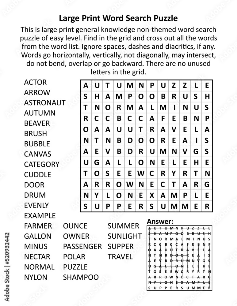 Large print general knowledge word search puzzle (words ACTOR - TRAVEL ...