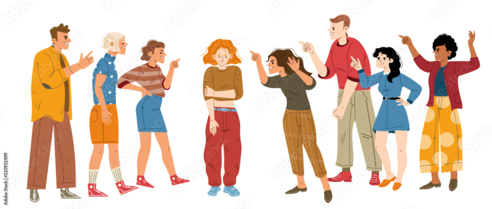 Crowd of aggressive people bully and blame outcast woman. Scared female ...