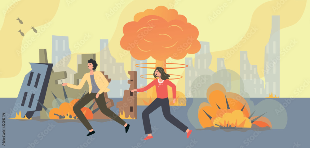 Afraid people run away from a nuclear explosion. City destroyed by war ...