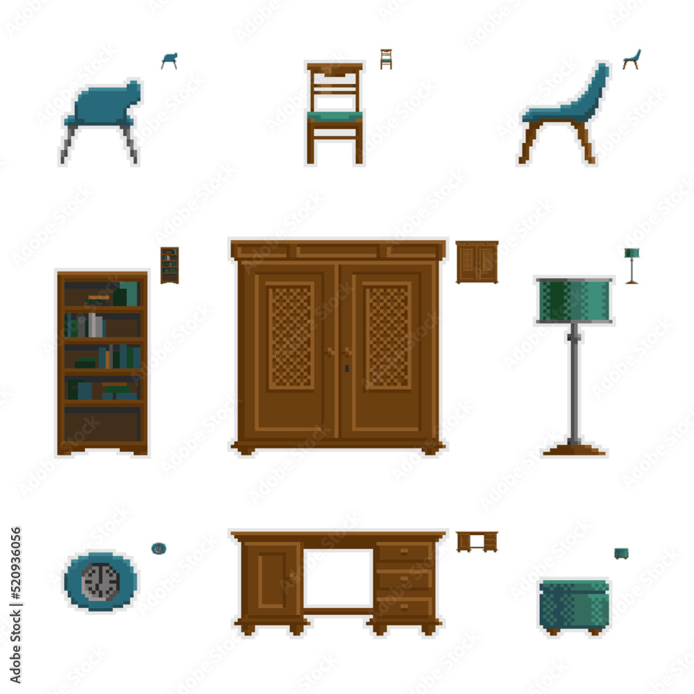 Home furniture old stile pixel art set. Table, chair, armchair, floor ...