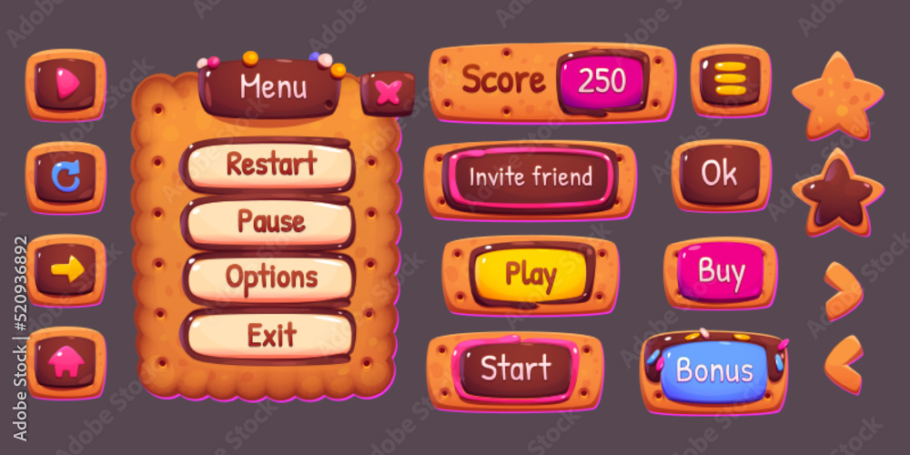 Game menu board and buttons with cookie and chocolate texture. Vector ...