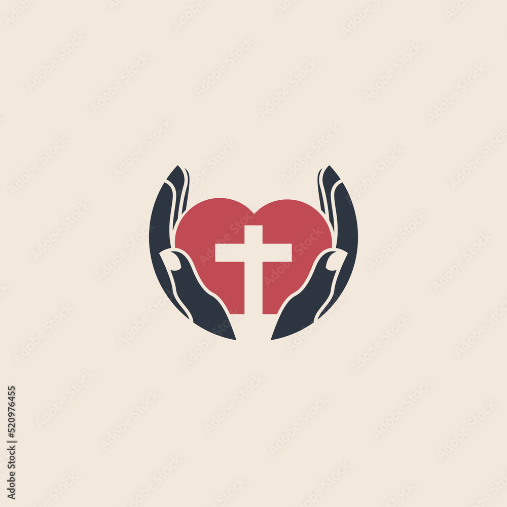 Hand logo vector combined with love symbol and cross as negative space ...