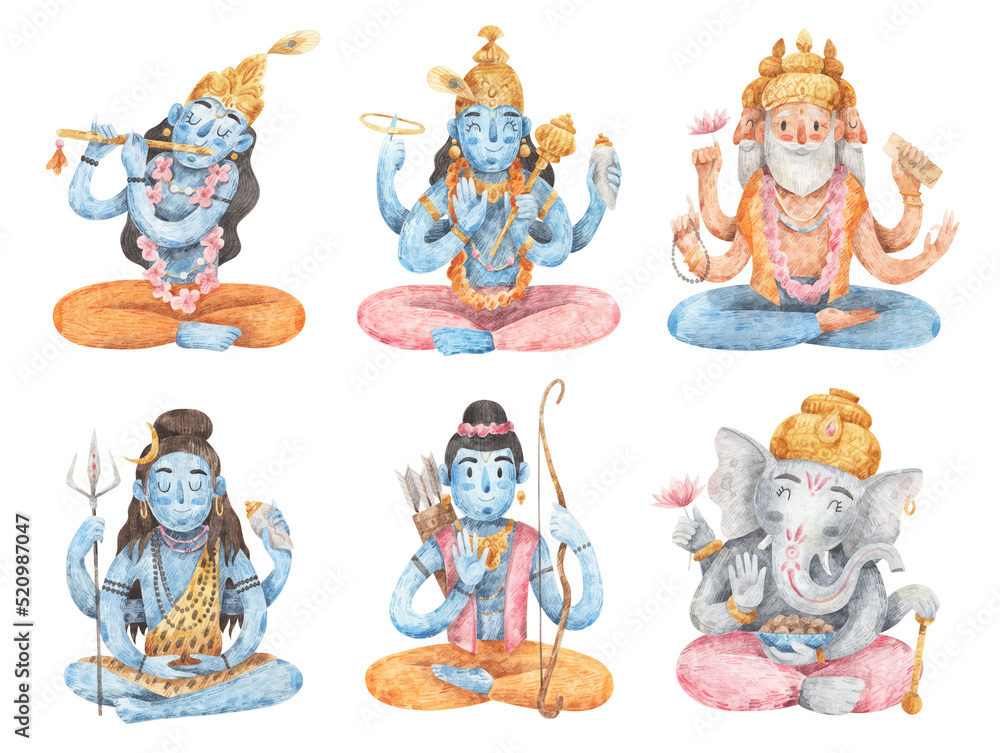 Ilustración de Stock Gods of India. Watercolor illustrations of Hindu ...
