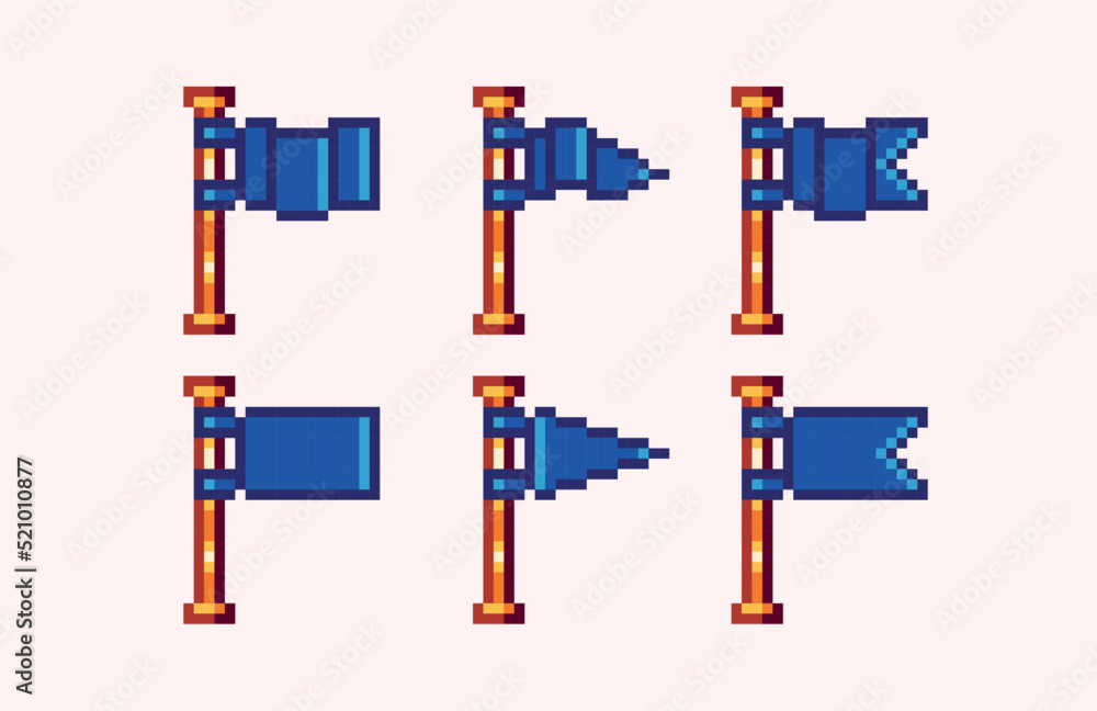 Waving flags pixel art set. Flagpole collection. 8 bit sprite. Game ...