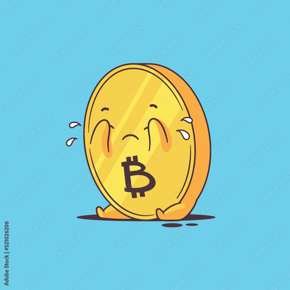 Sad Bitcoin character sitting and crying vector cartoon illustration ...